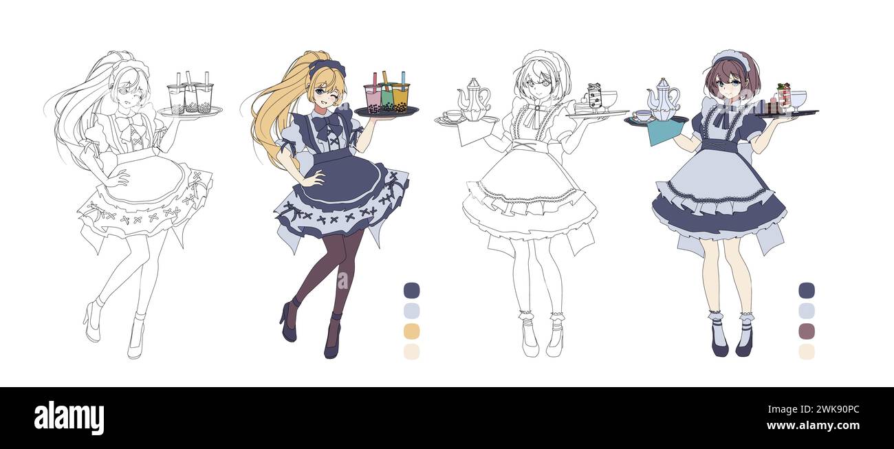 Anime girls working in maid cafe coloring book vector characters ...