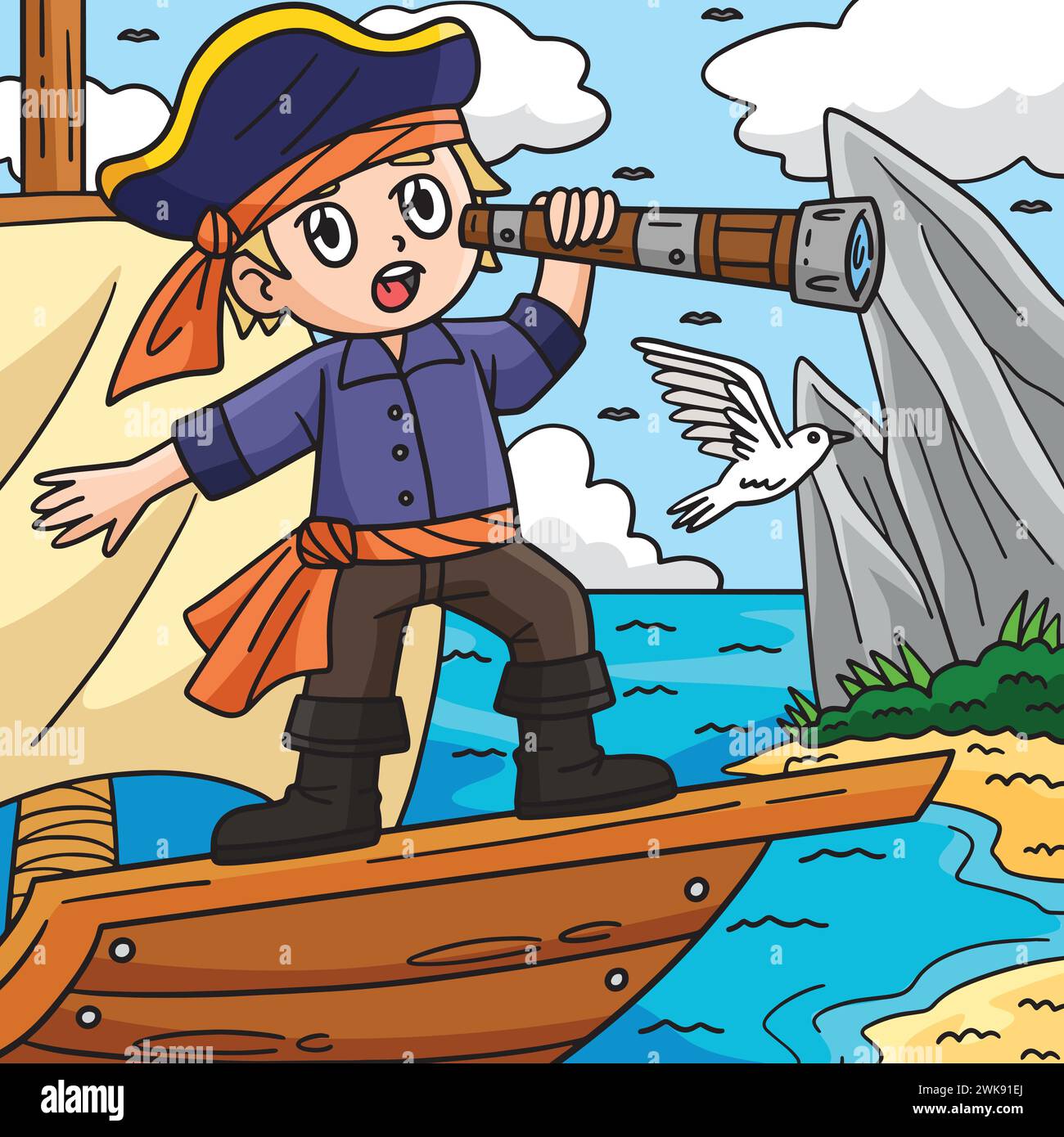 Pirate Looking a through Telescope Colored Cartoon Stock Vector Image ...