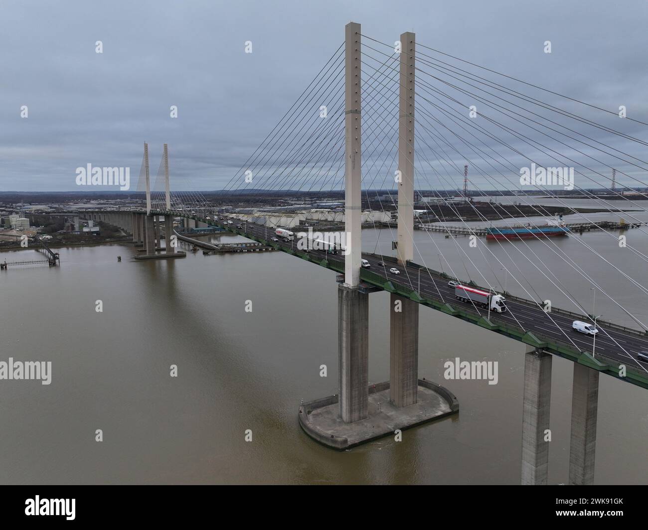 Aerial view of the QEII Bridge spanning the River Thames at Dartford ...
