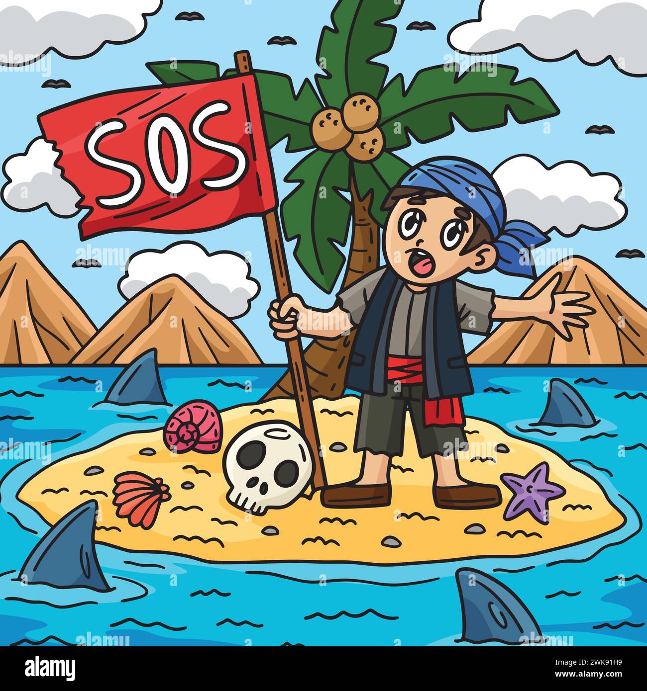 Pirate with SOS Flag Colored Cartoon Illustration Stock Vector Image ...