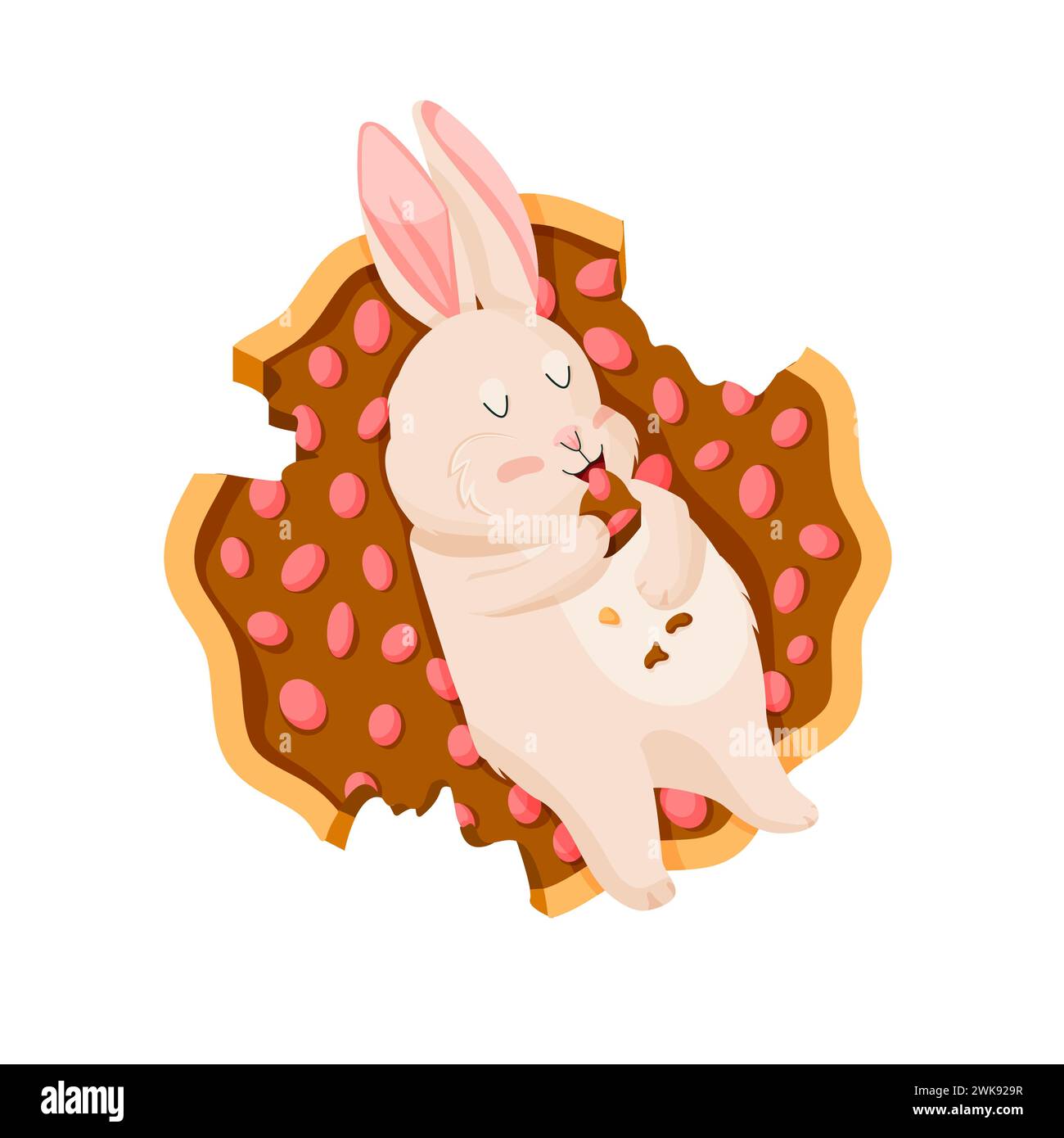 Rabbit lies on the pie and eats the cake. Cartoon style. Happy Easter ...