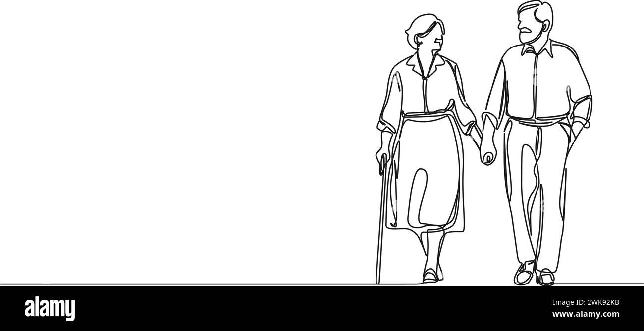 continuous single line drawing of senior couple walking hand in hand ...