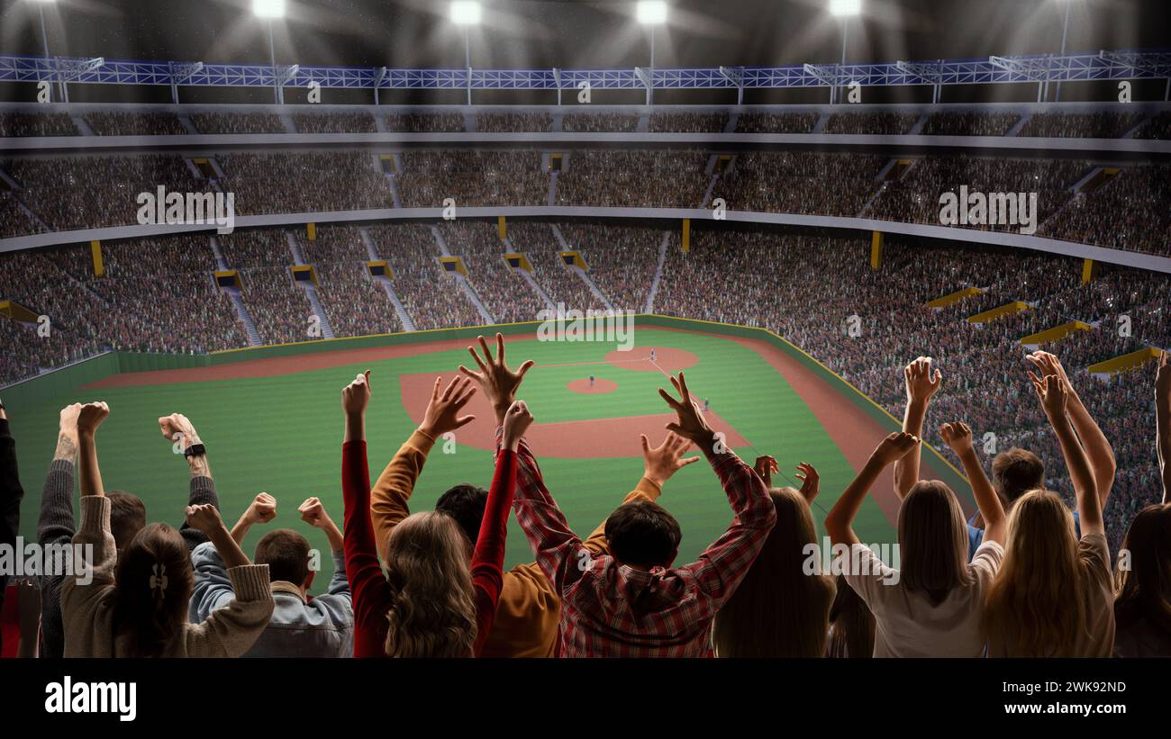 Back view of emotional people, football fans standing at crowded ...