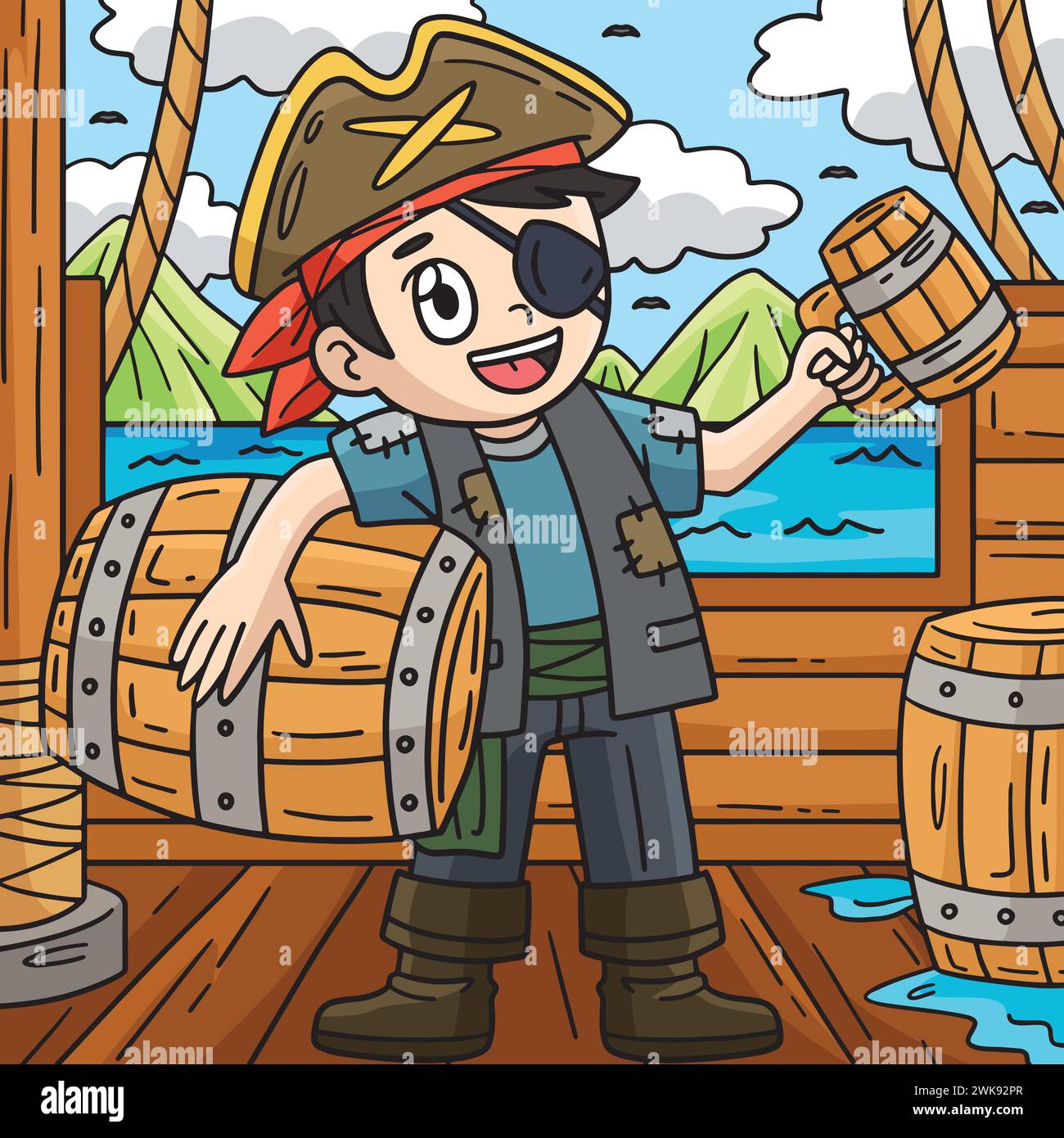Pirate with a Barrel of Rum Colored Cartoon Stock Vector Image & Art ...