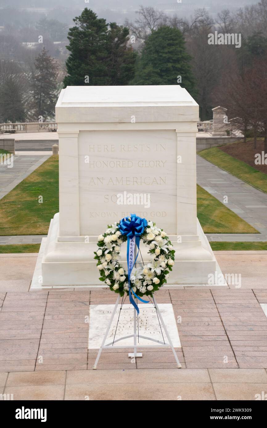 A blue ribboned wreath in front of the Tomb of the Unknown Soldier at ...