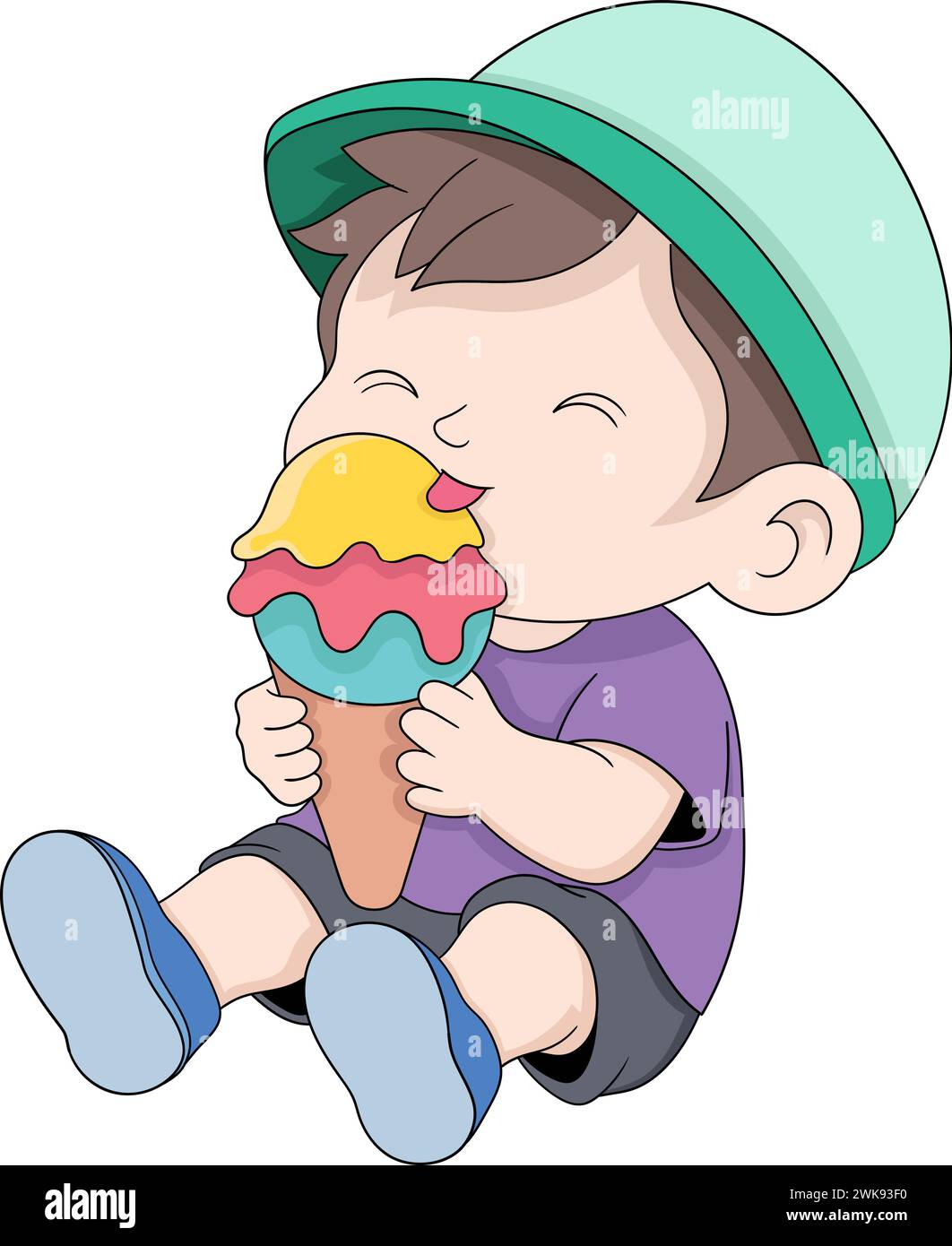 toddler boy is sitting and licking delicious and sweet ice cream ...