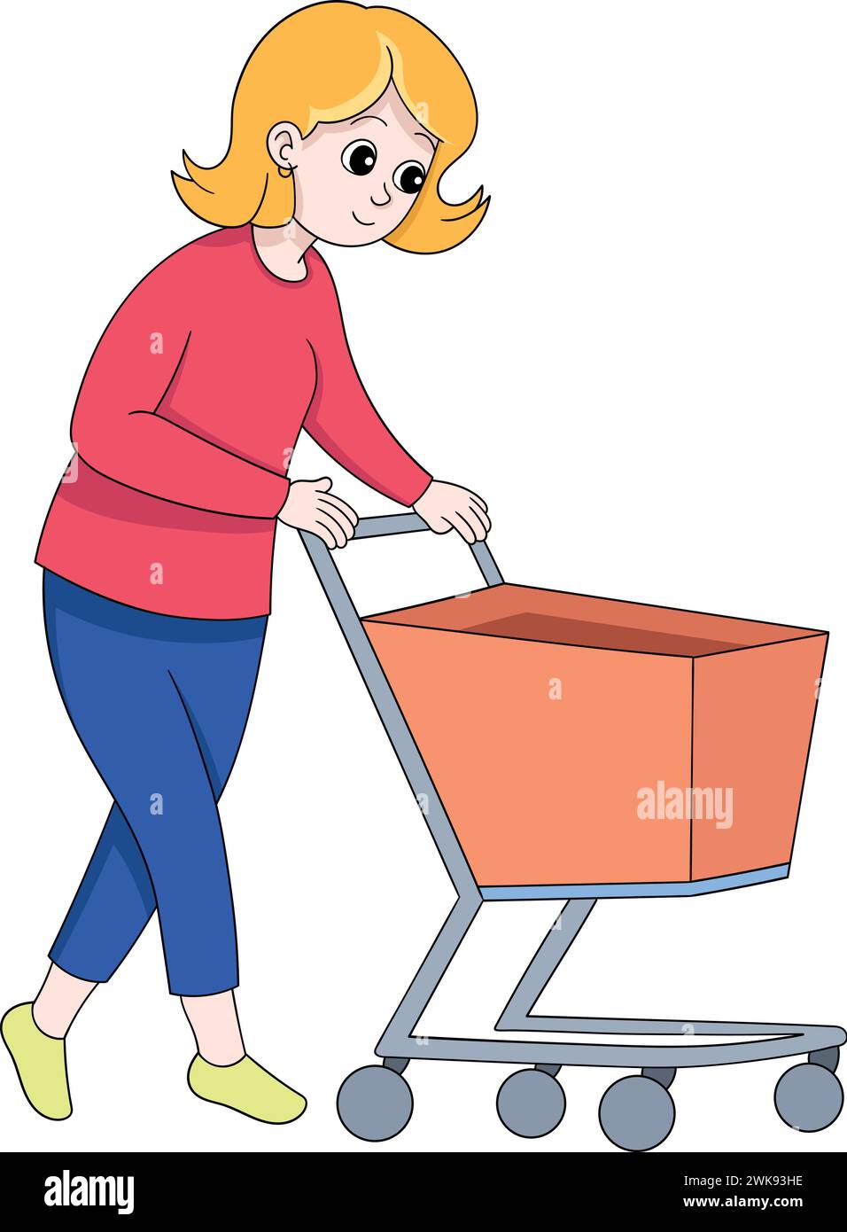 happy mom is pushing a shopping trolley at the market, cartoon flat ...