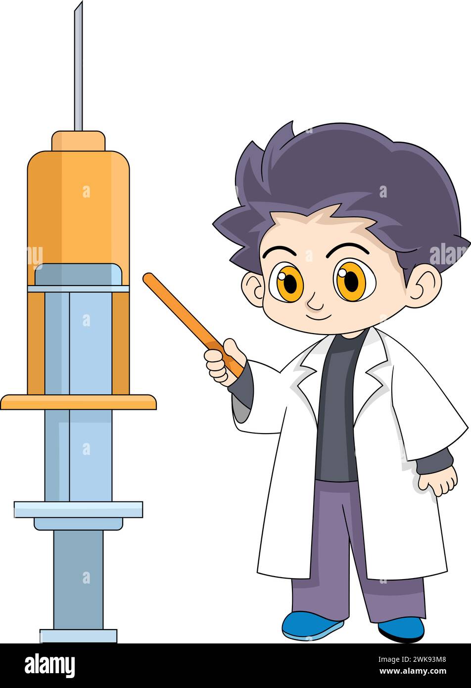 The boy doctor is standing while explaining the function of syringes in ...