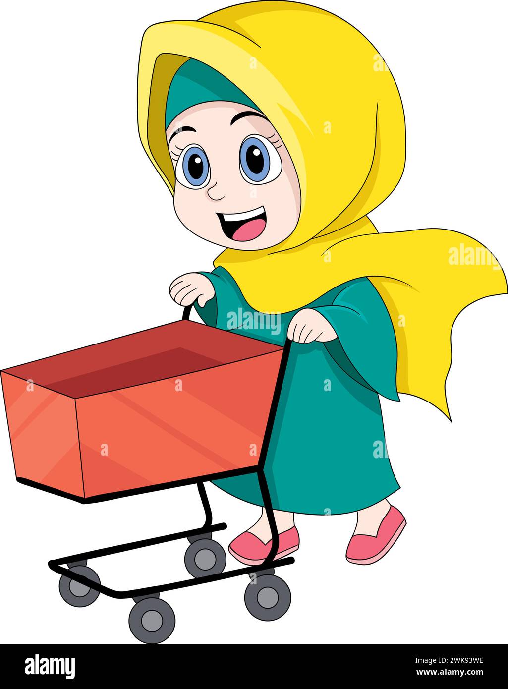 Muslim girl wearing a veil, happy shopping at the mall, cartoon flat ...