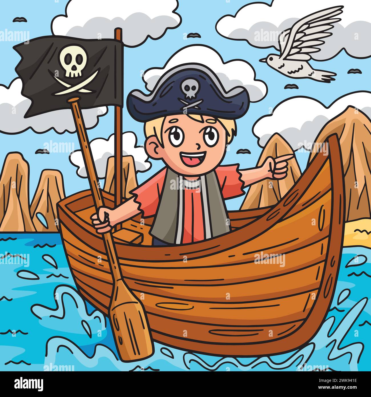 Pirate in a Rowboat Colored Cartoon Illustration Stock Vector Image ...