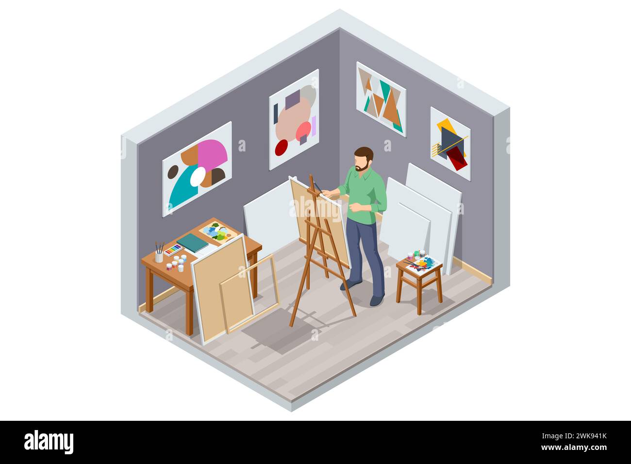 Isometric male painter drawing in art studio using easel. Painting ...