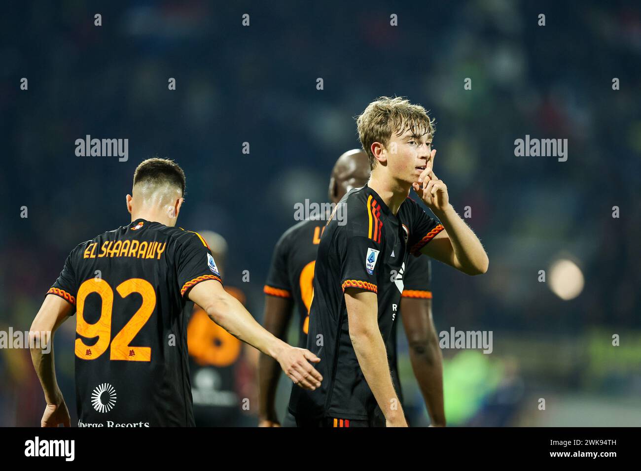 Roma’s Dutch defender Dean Huijsen celebrates after scoring a goal ...