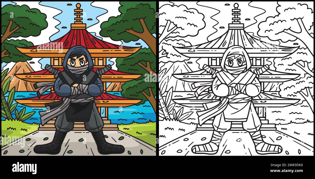 Ninja in front of Pagoda Coloring Illustration Stock Vector Image & Art ...