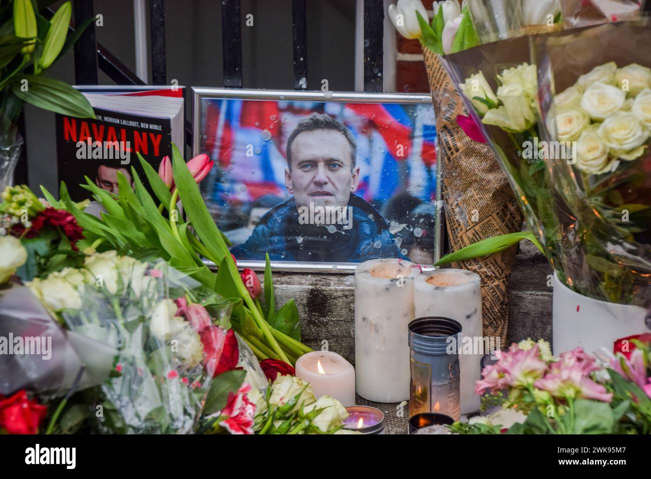 London, UK. 19th Feb, 2024. Flowers and tributes are seen at the ...