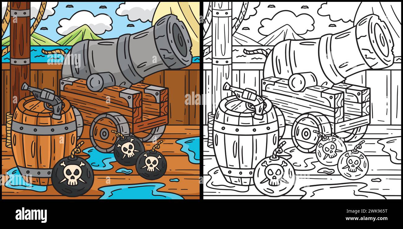 Pirate Cannon and Barrels Coloring Illustration Stock Vector Image ...