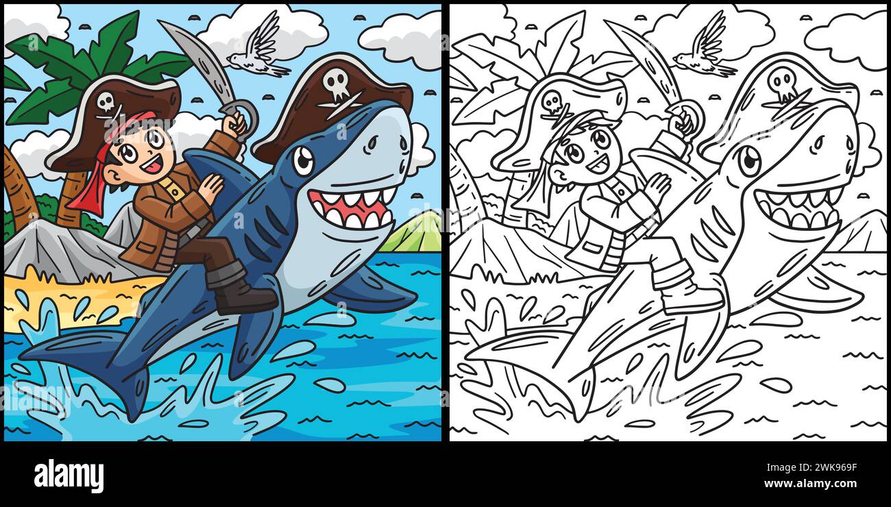 Pirate and Shark Coloring Colored Illustration Stock Vector Image & Art ...