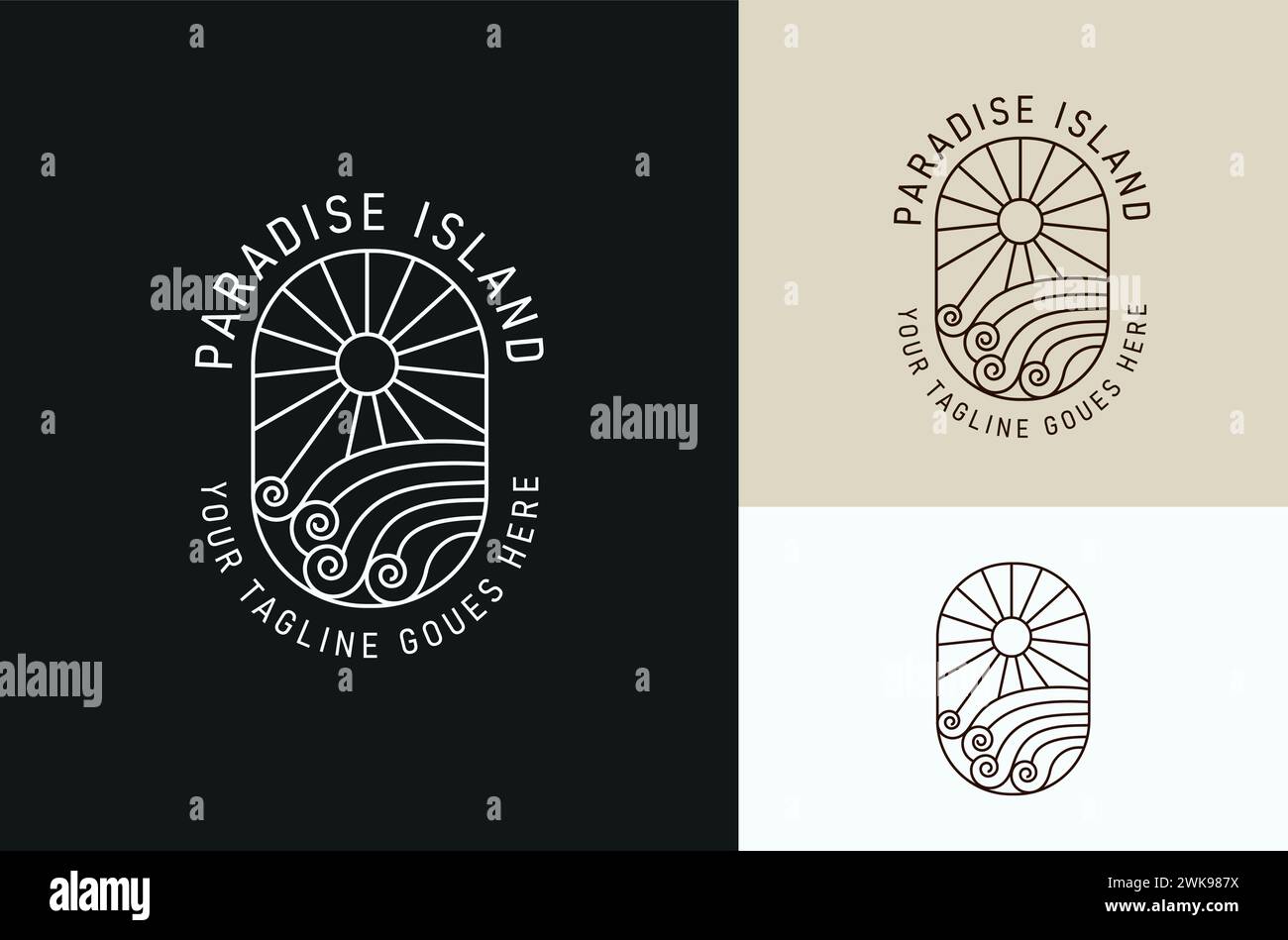 Island line logo with sunset illustration design, wave emblem design on ...