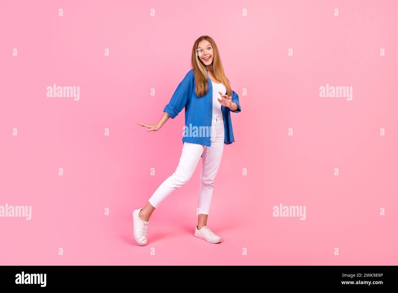 Full length photo of carefree sweet lady dressed blue shirt dancing ...