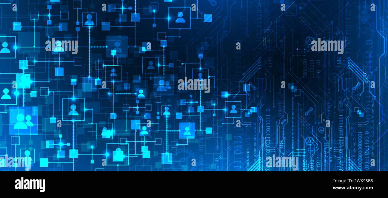 Abstract representation of a computer network and its users in the form of icons of people in ...