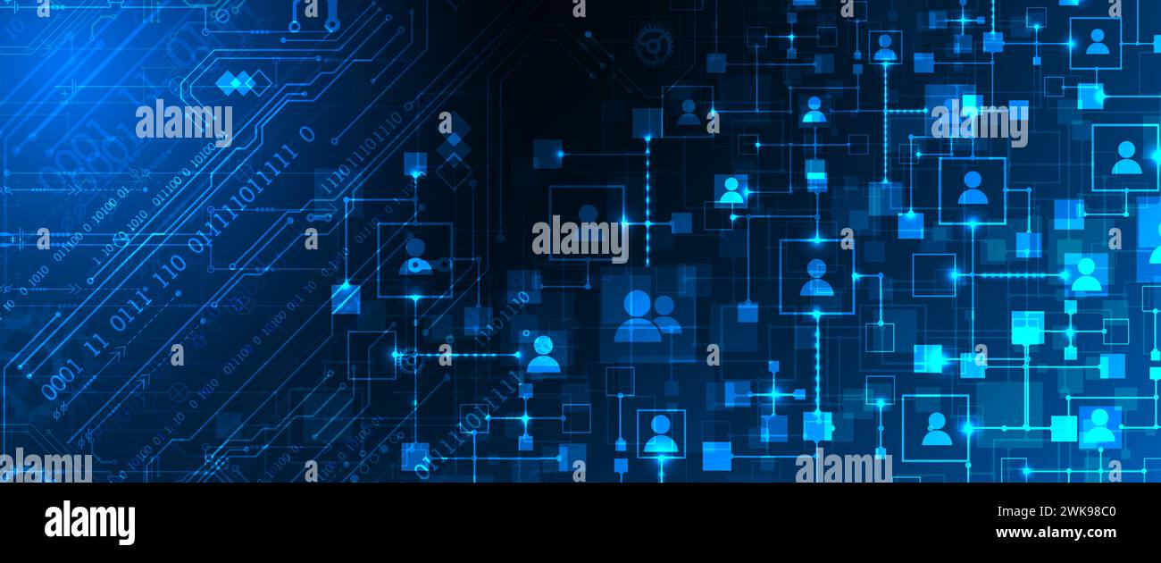 Abstract representation of a computer network and its users in the form of icons of people in ...