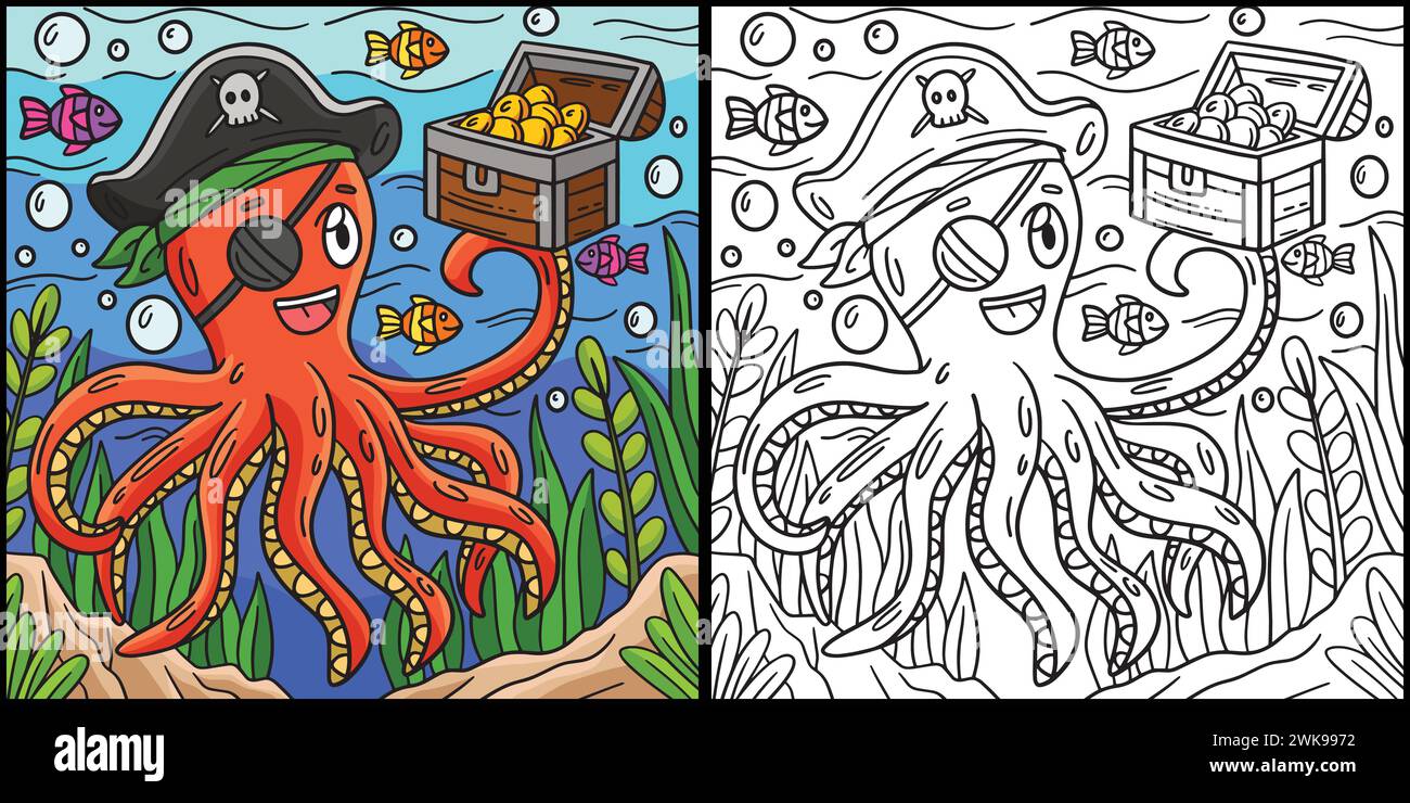 Pirate Octopus Holding Chest Coloring Illustration Stock Vector Image ...
