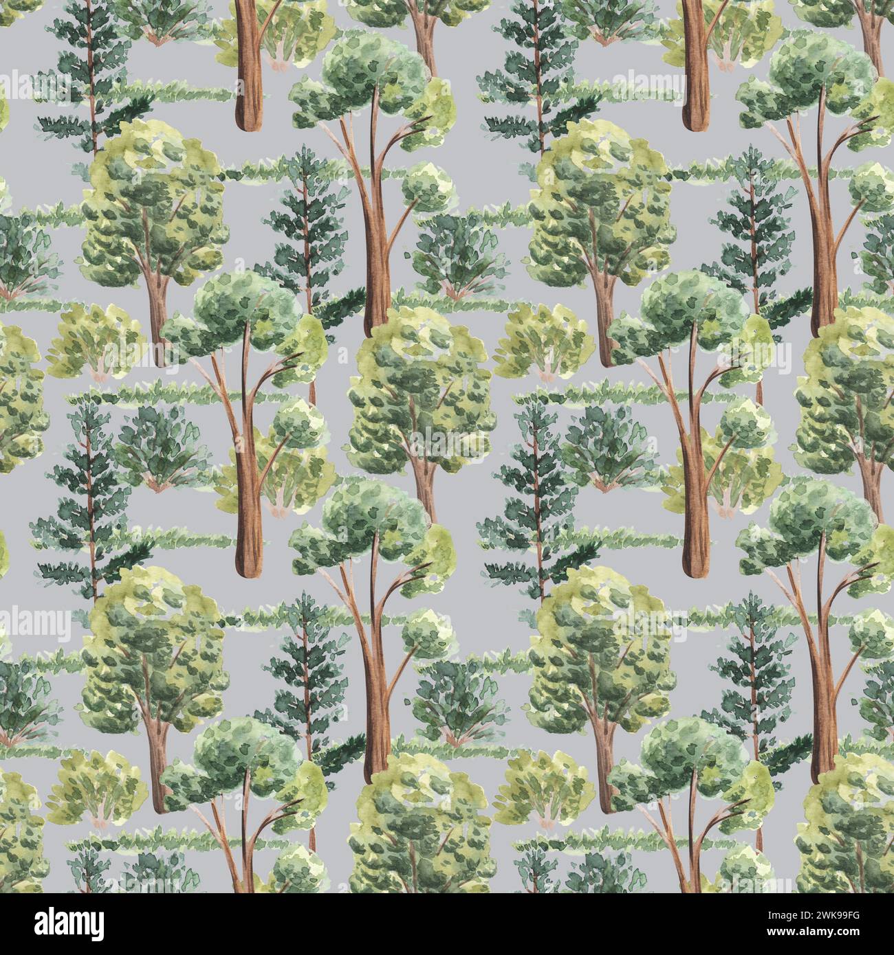 seamless pattern with watercolor green trees on white background. hand ...