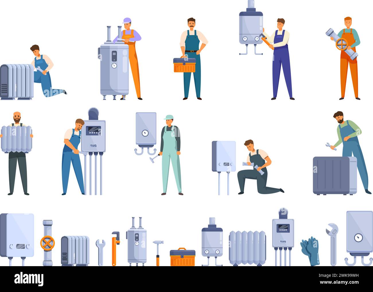 Fix heater pipeline icons set cartoon vector. Home maintenance. House ...