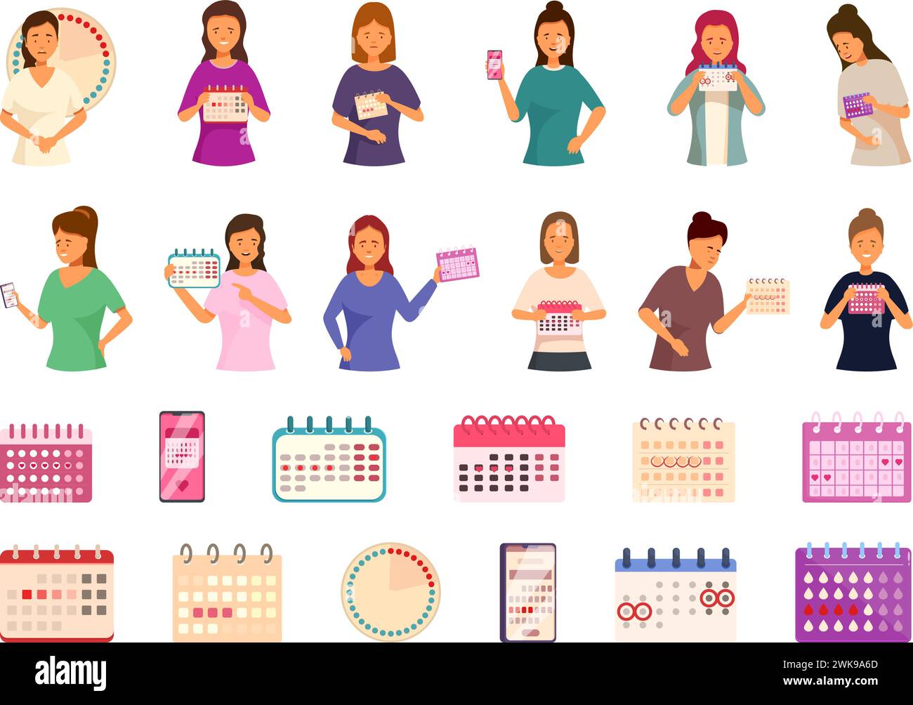 Menstrual calendar icons set cartoon vector. Female cycle suffering ...