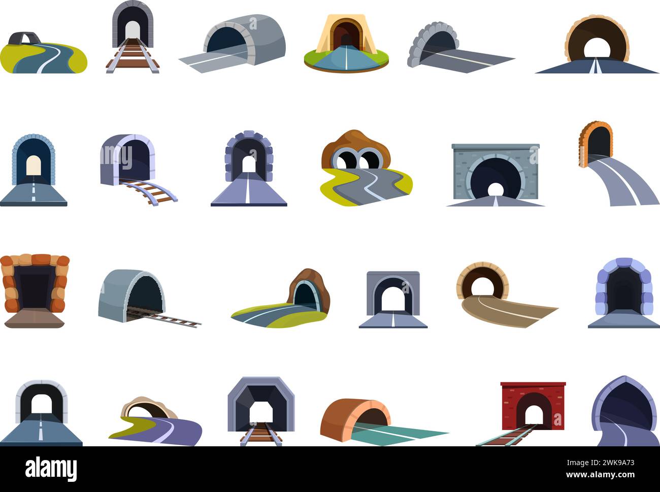 Arch tunnel icons set cartoon vector. Road car entrance. Underpass freeway Stock Vector Image ...