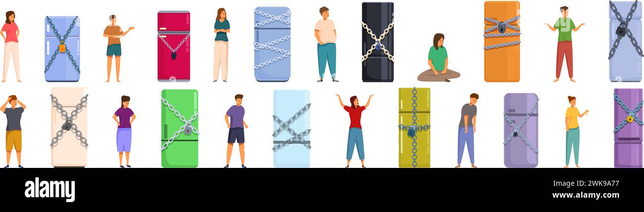 Locked fridge icons set cartoon vector. Chained closed refrigerator ...