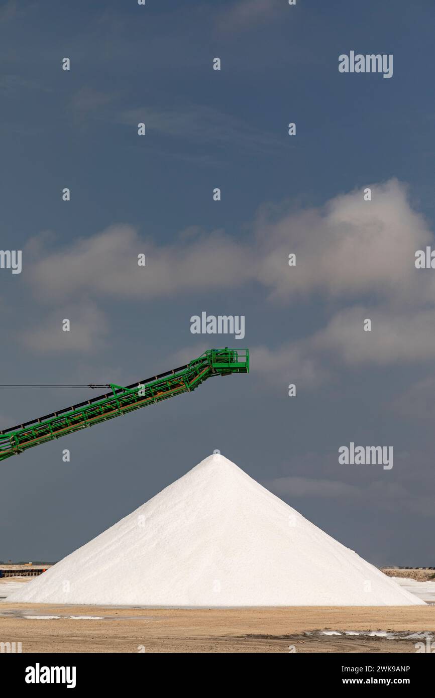 Dutch West Indies Bonaire island Salt Pans. Conveyer belt and mountains ...