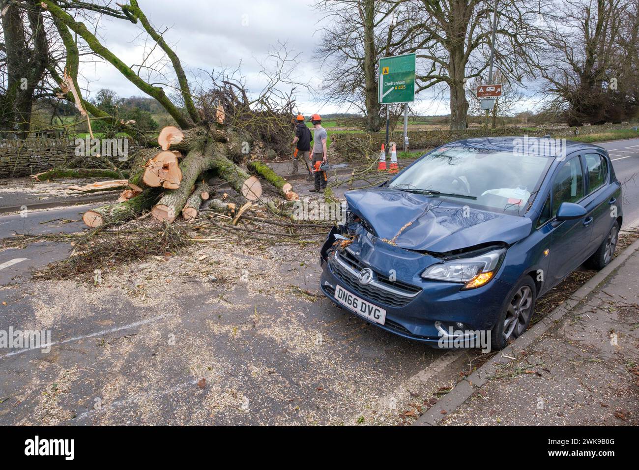 Workers clear a tree that fell and blocked the A417 at the A435 ...