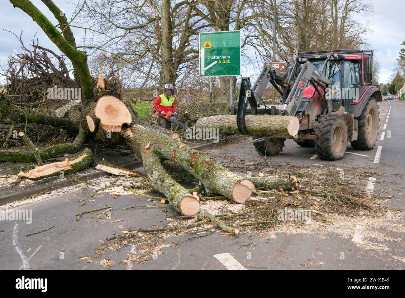 Workers clear a tree that fell and blocked the A417 at the A435 ...