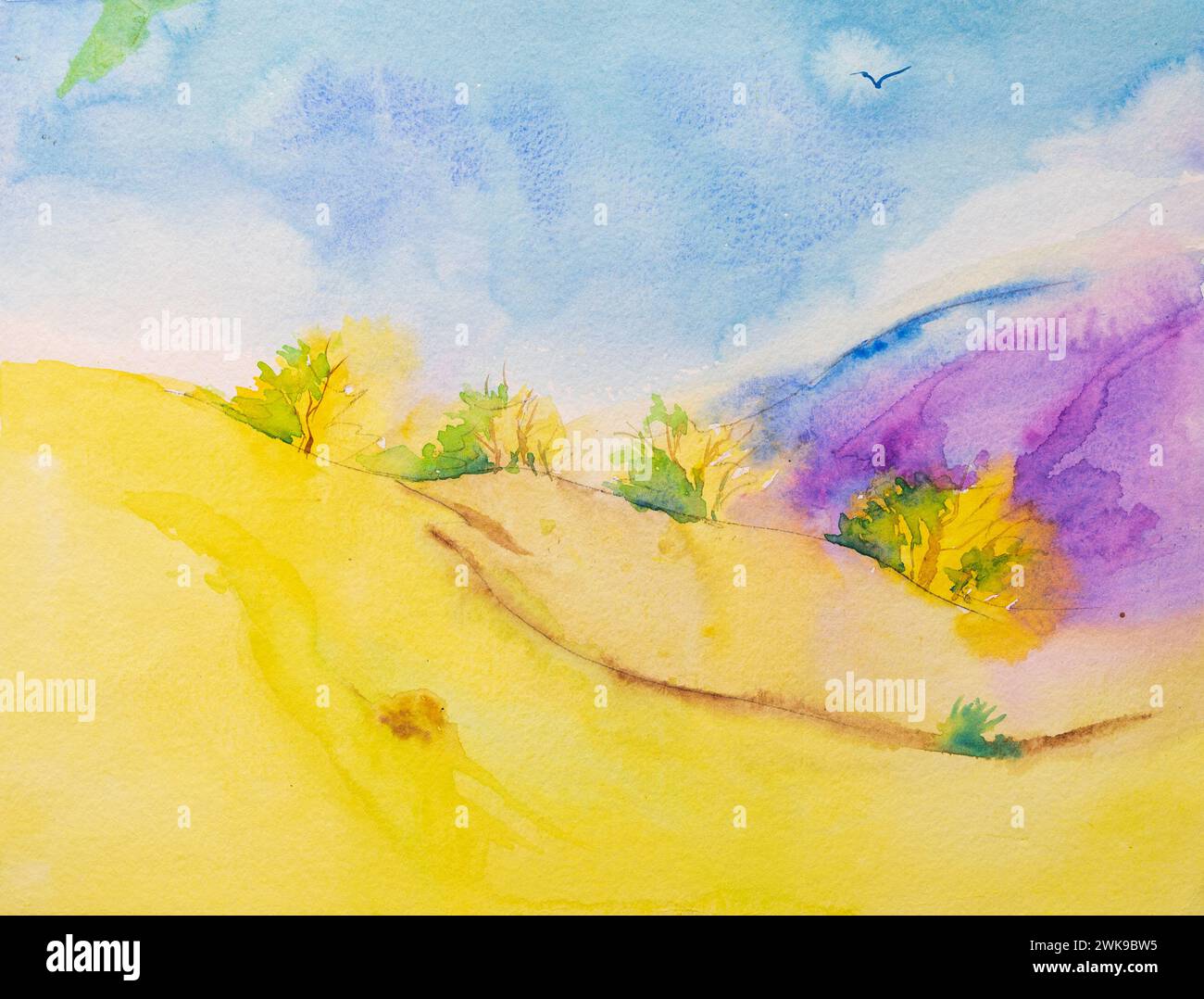 Watercolor painting of Indian mountains with green trees , yellow field ...