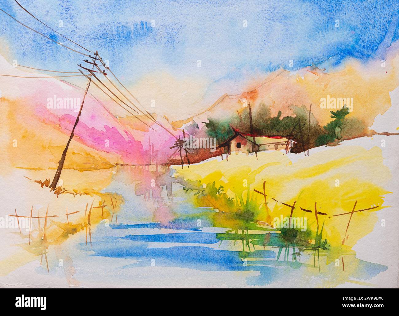 Watercolor painting of Indian village, a house with mountain background ...