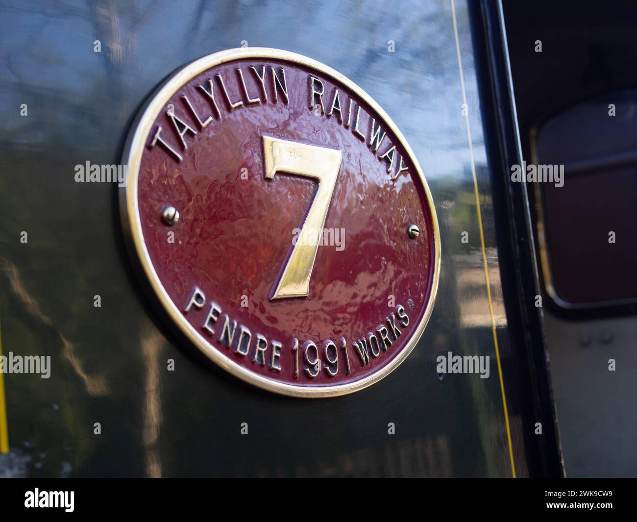 Number 7 Engine plate on engine 'Tom Rolt", Talyllyn Railway, Wales ...