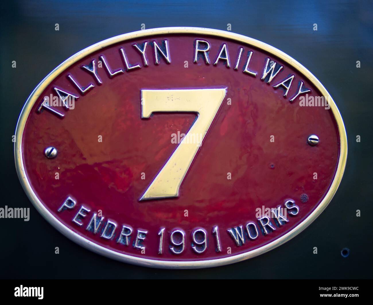 Number 7 Engine plate on engine 'Tom Rolt", Talyllyn Railway, Wales ...