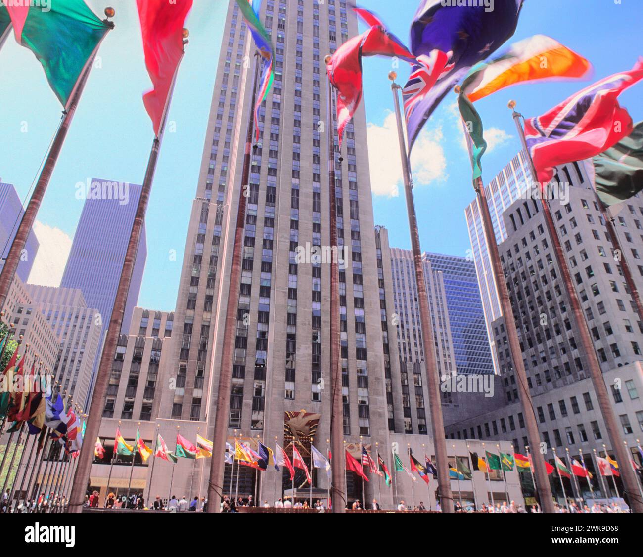 Rockefeller Center New York City. International flags around the ...