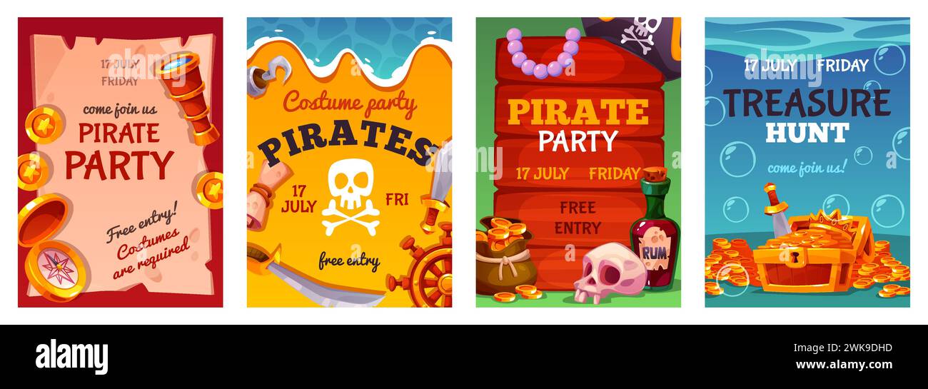 Pirate treasure posters. Lost ancient gold, wooden chest with coins ...
