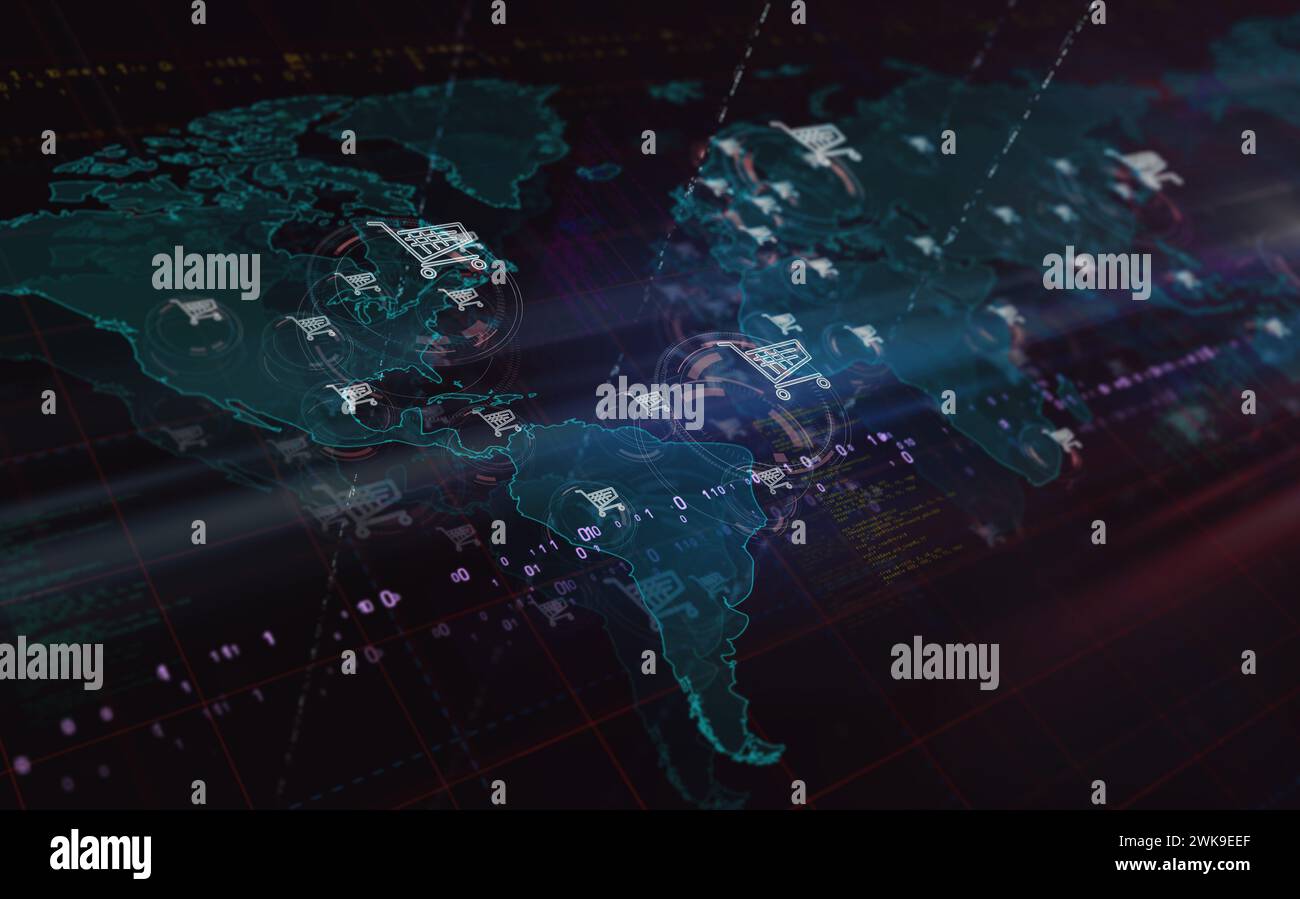 Shopping cart online retail and internet sale symbols over world map ...