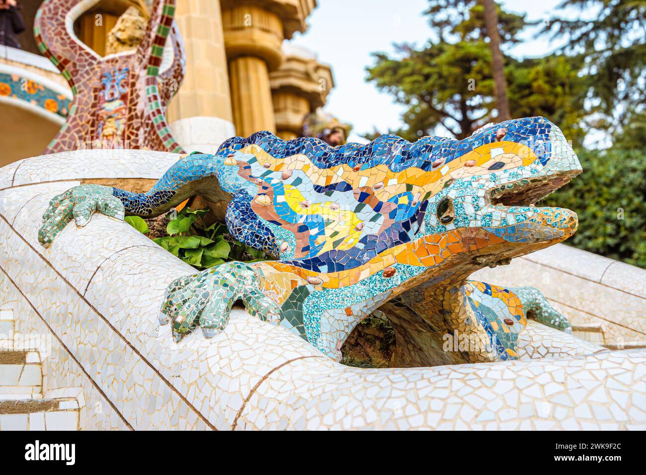Barcelona, Gaudi Park Guell colorful mosaics. Lizard statue Stock Photo ...