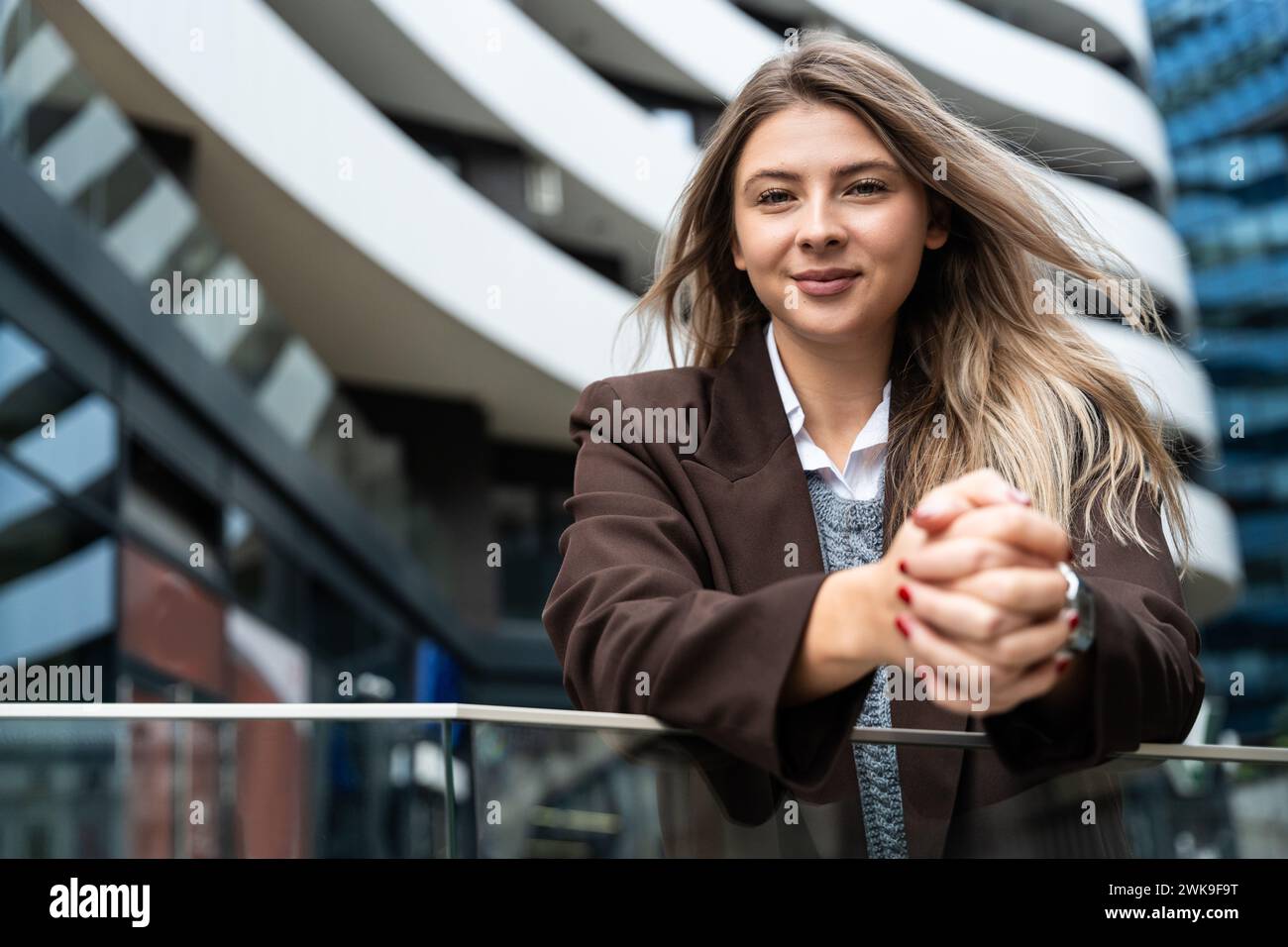 Portrait of young successful foreperson business woman outdoor. Cute ...