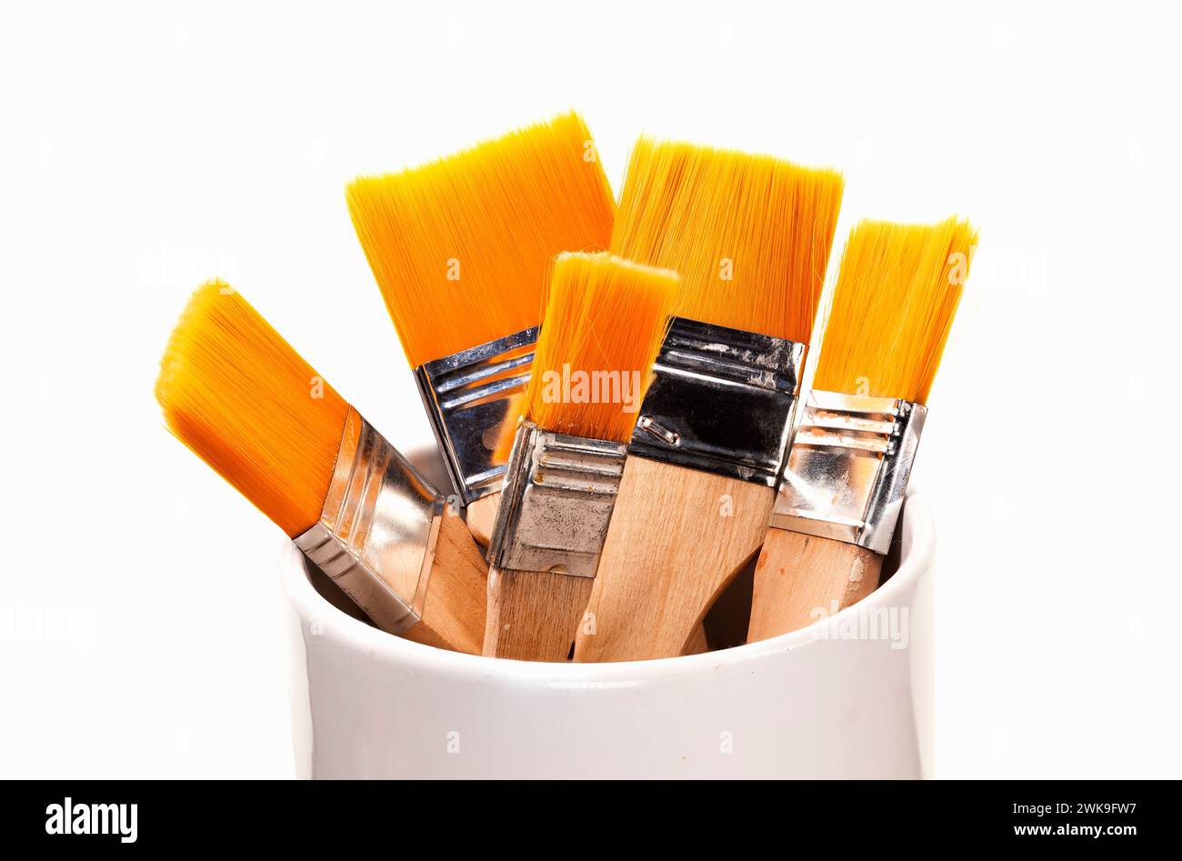 Orange synthetic brushes of different sizes in a vertical position ...