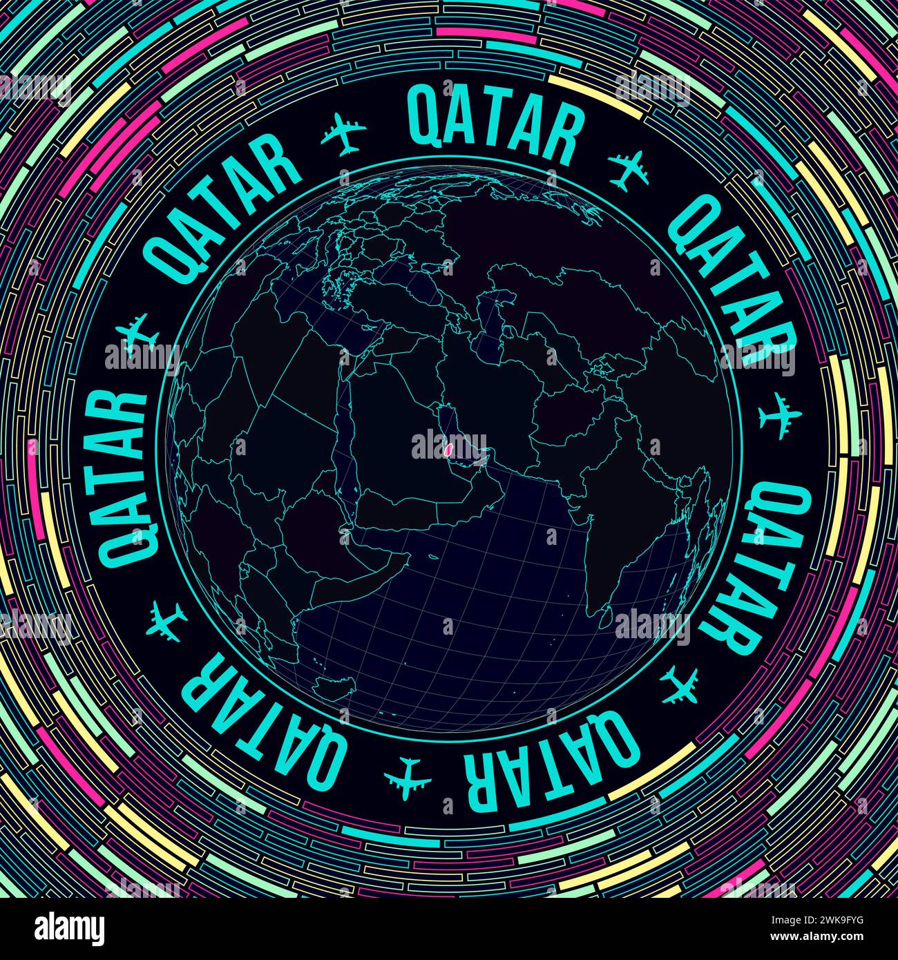 Qatar on globe. Satellite view of the world centered to Qatar. Bright ...