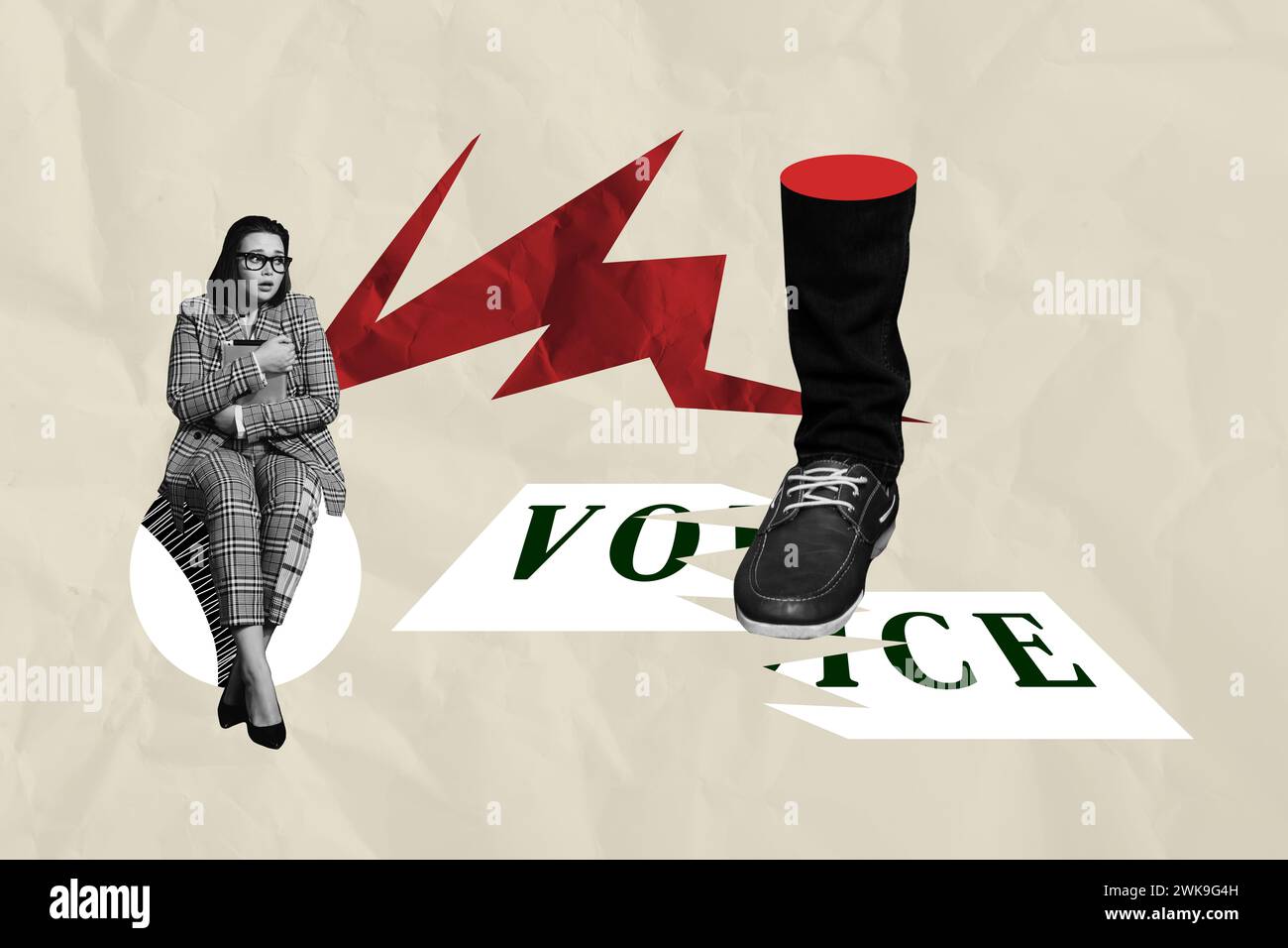 Creative image collage banner young scared sitting woman holding tablet ...