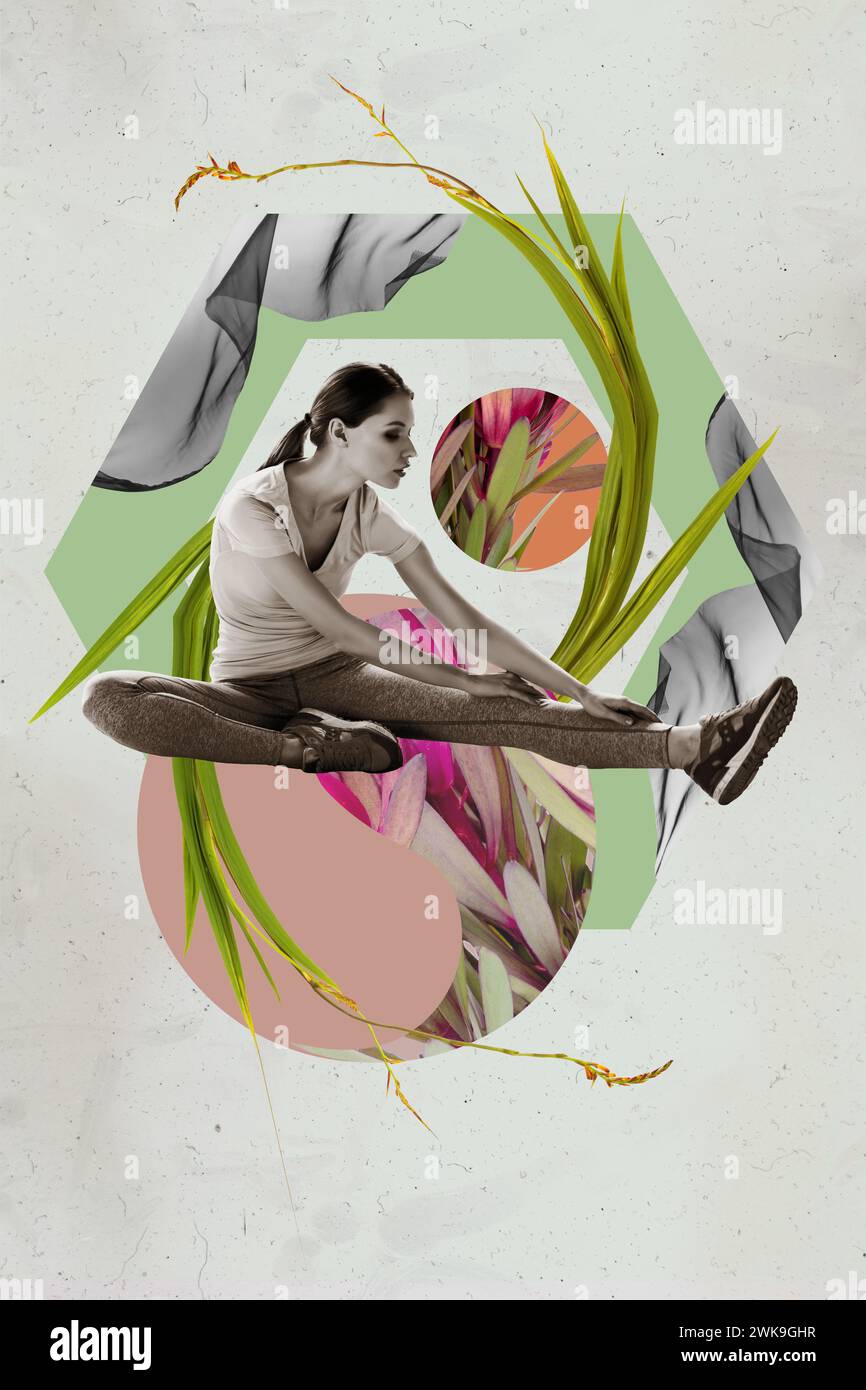 Vertical creative collage poster young sporty girl doing exercise ...