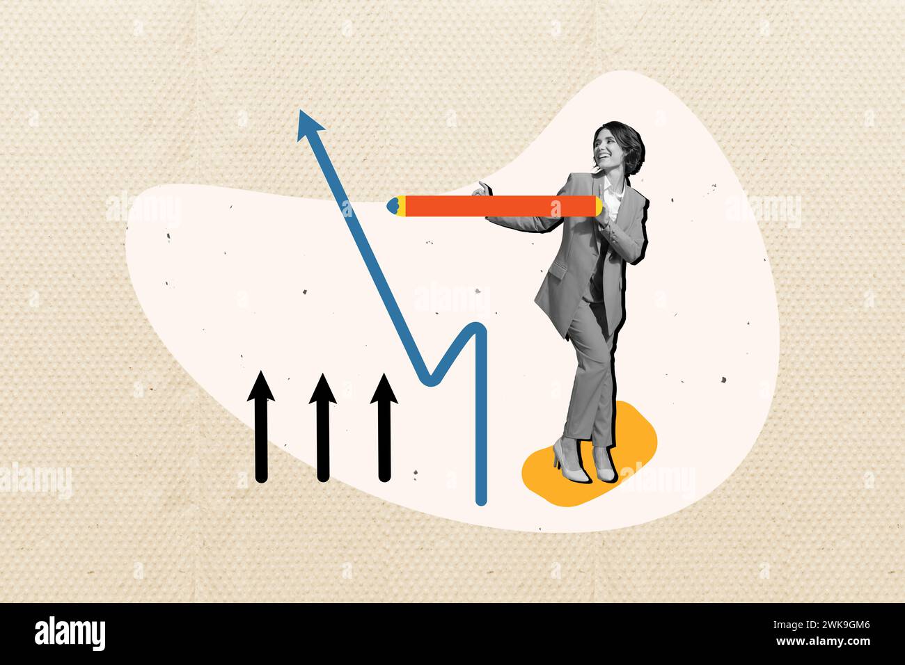 Photo collage image young businesswoman happy good mood drawing ...