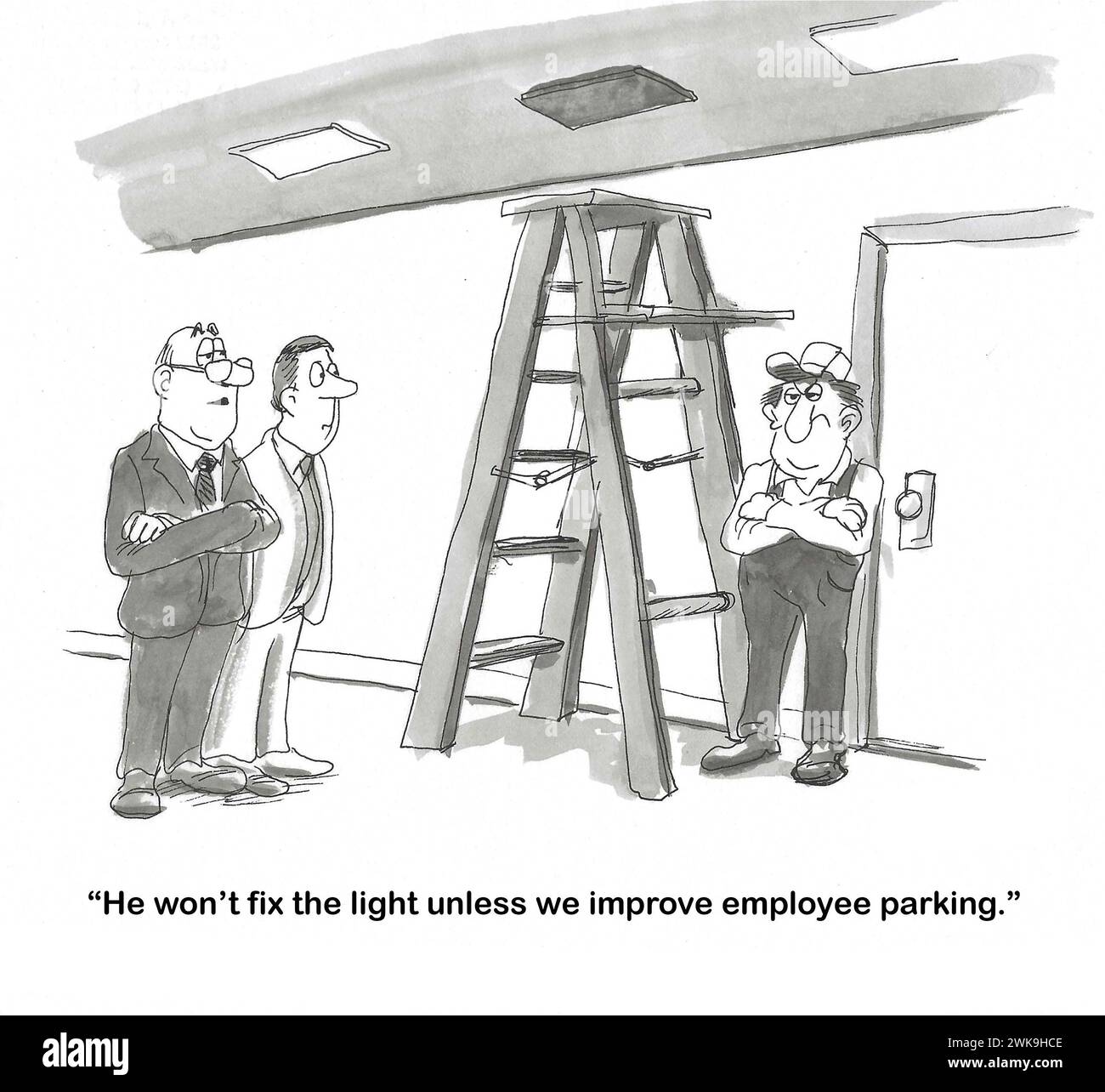 BW cartoon of a maintenance worker who is bartering with his boss on ...