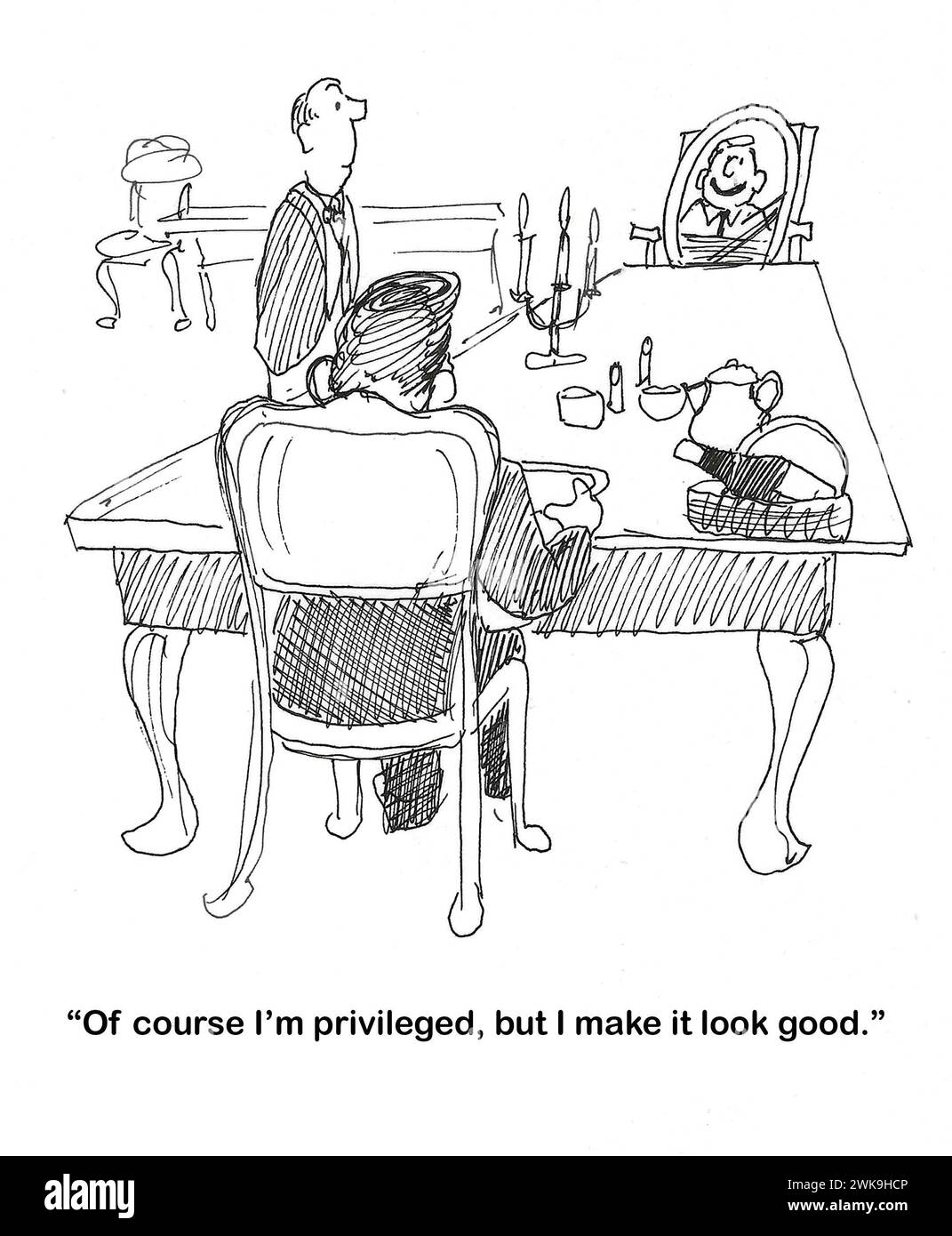 BW cartoon of a very long dinner table. Seated is one rich man, with a ...