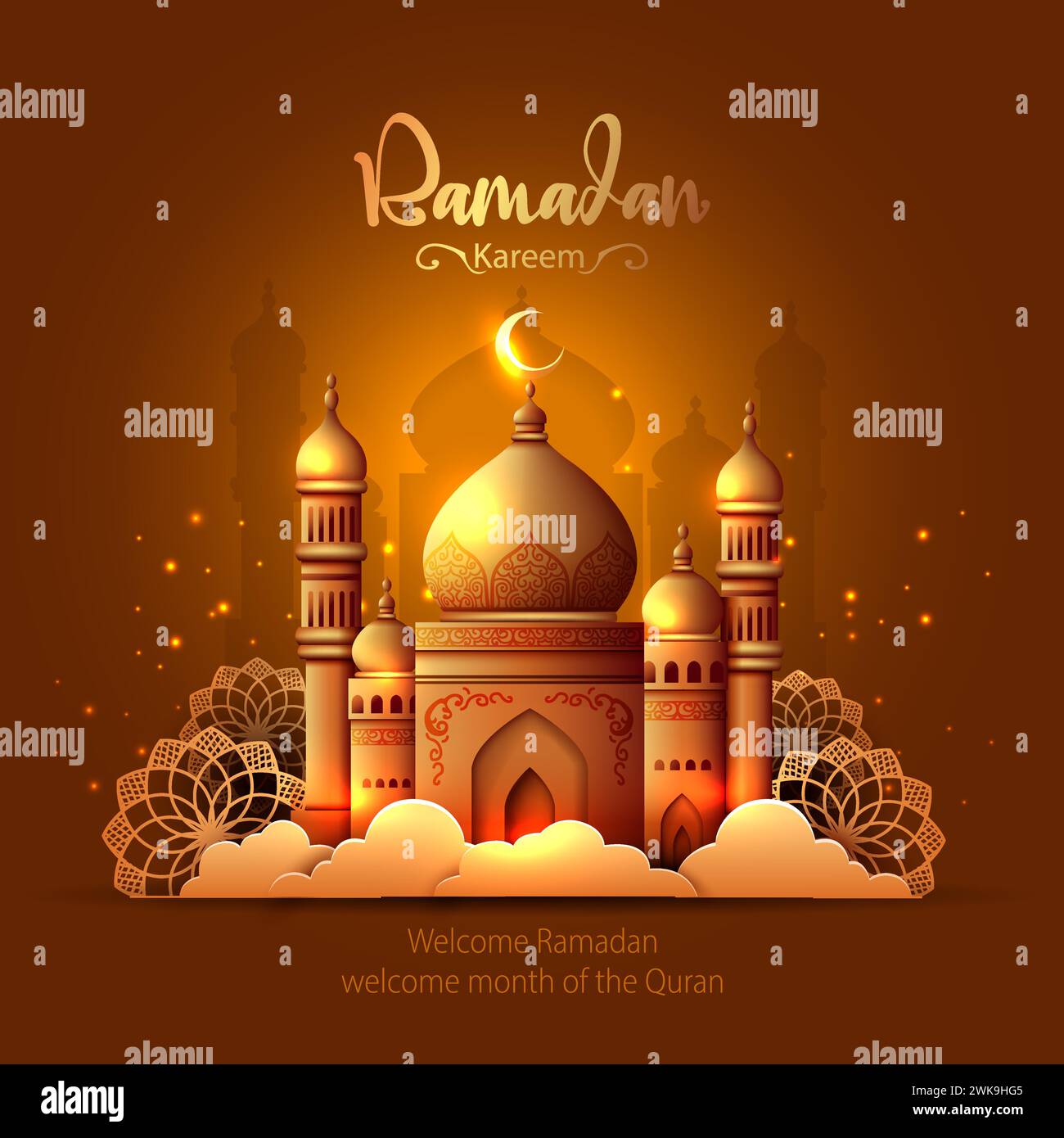 Ramadan Kareem art greetings with golden mosque and brown background ...